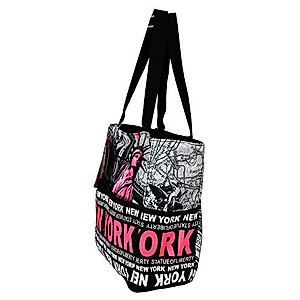 Robin Ruth Statue of Liberty NY Skyline Canvas Tote Shoulder Bag Black/Fuschia