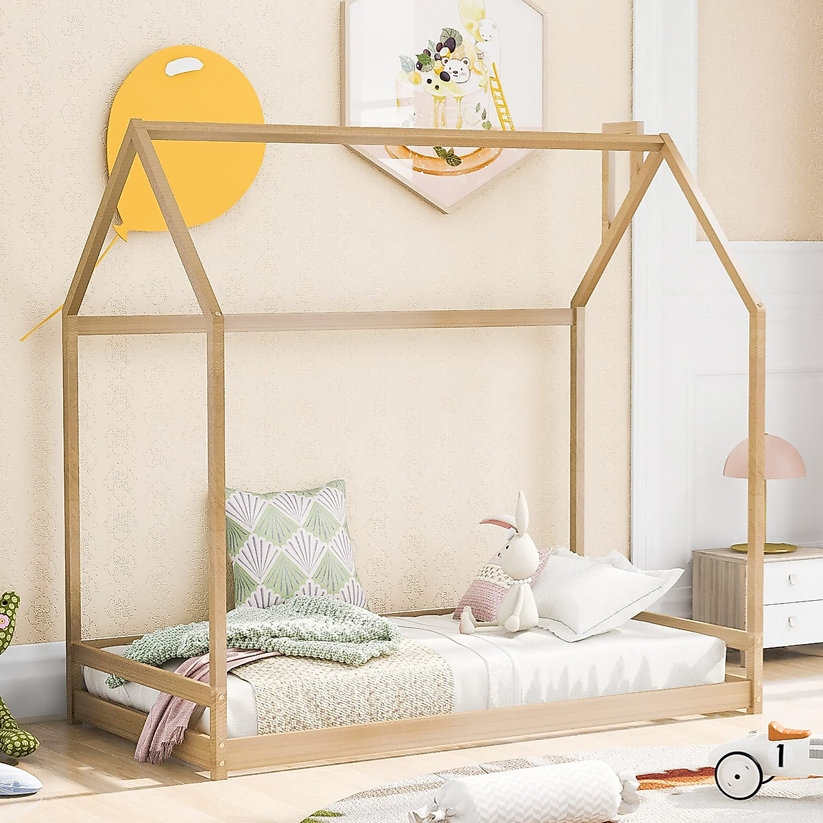 Harper & Bright Designs Montessori House Bed Twin for Kids, Toddler House Bed with Roof,Wood Floor Bed Frame for Girls Boys Bedroom Furniture, Box Spring Needed,Natural