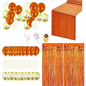 Orange Birthday Party Decorations/Fall Birthday Decorations Orange/Fall Bridal Shower Wedding Thanksgiving/Orange Balloons/Sequin Table Runner Foil Fringe Curtains/Orange Graduation Party Decorations/