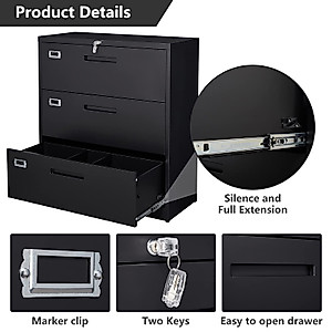 LISSIMO 3 Drawer Metal File Cabinet with Lock，Under Desk Office Storage Filing Cabinet for Legal/Letter/A4 File, Hanging File Folders(Black)