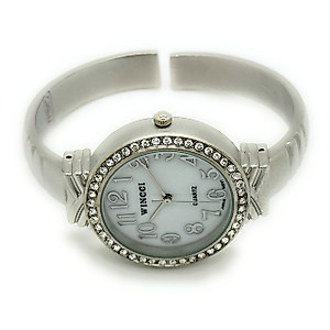 Wincci Ladies Mother of Pearl Dial Metal Bangle Cuff Fashion Analog Quartz Watch with Rhinestones (Silver)
