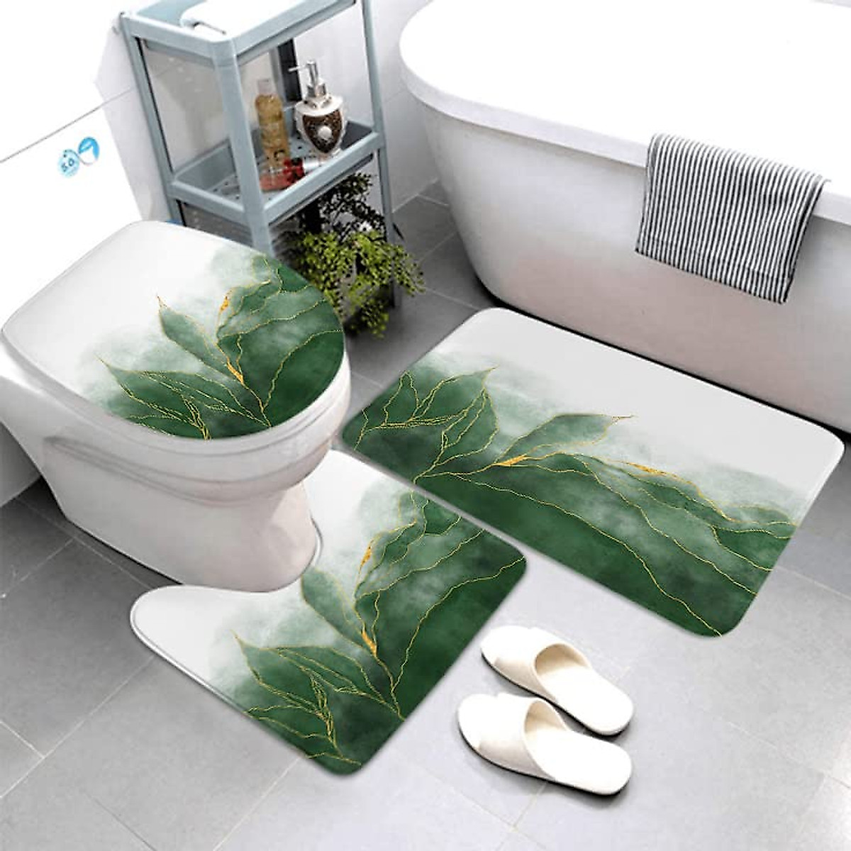 LOKMU 4 Pcs Shower Curtain Sets with Non-Slip Rugs, Toilet Lid Cover and Bath Mat,Green Paint and Golden Shiny Veins Spilled Waterproof Shower Curtain with 12 Hooks, Bathroom Decor Sets, 72"x 72"