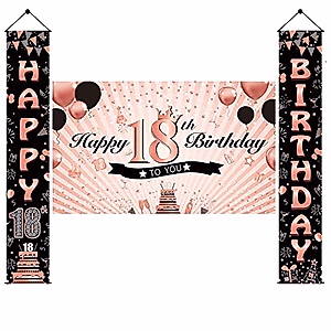 Luxiocio Happy 18th Birthday Banner Decorations Supplies for Girls - Rose Gold Happy 18th Birthday Porch Sign & Backdrop - 18 Year Old Birthday Party Background Decorations for Indoor Outdoor