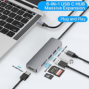 USB C Hub, 6 in 1 HDMI Dongle USB C to Multiport Adapter with 4K HDMI, Power Delivery, 2 USB 3.0 Ports, SD/TF Card Reader Compatible with MacBook Pro/Air, XPS, Chromebook, Nintendo, etc