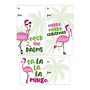 Pink Flamingo Christmas Gift Tags, Peel and Stick Christmas Gift Tags, 75 Count Beach Christmas Gift Wrap Tags