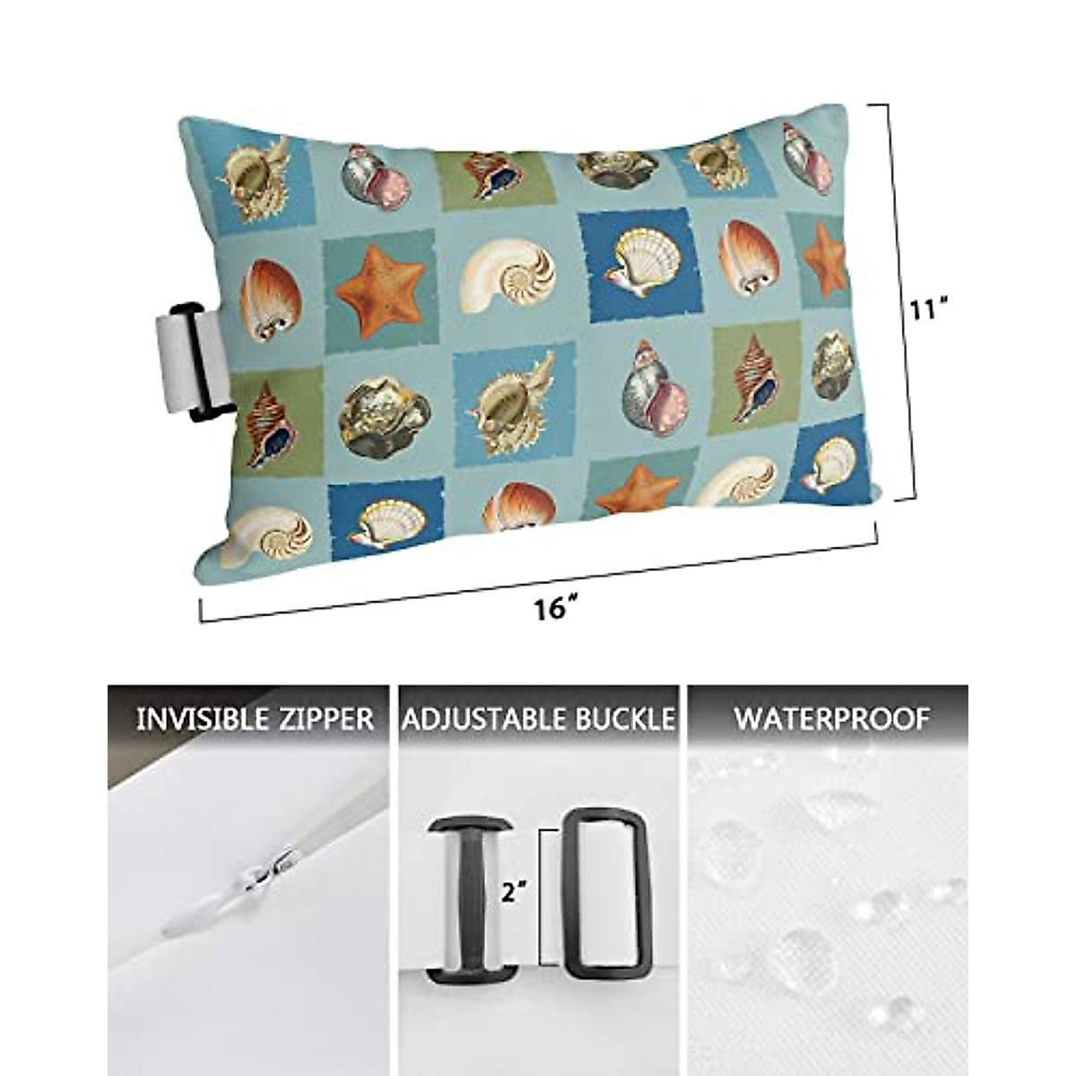 Recliner Head Pillow Ledge Loungers Chair Pillows with Insert Vintage Seashell Conch Starfish Patch Texture Lumbar Pillow with Adjustable Strap Outdoor Waterproof Patio Pillows for Beach Pool, 2 PCS