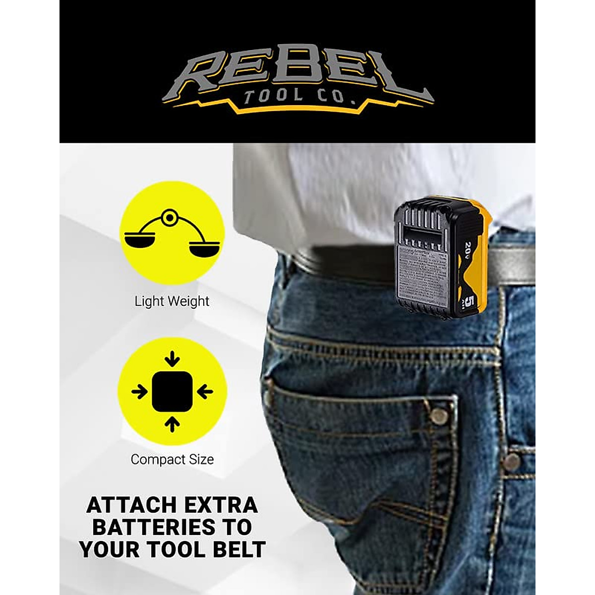 RebelToolCo Battery Holder Wall Mount (6 Pack) Battery Holder Mounts. Compatible with 20V & 60V DeWalt Cordless Batteries. Tool Holder Storage Organizer for Battery, Accessories, & Tool Organization.