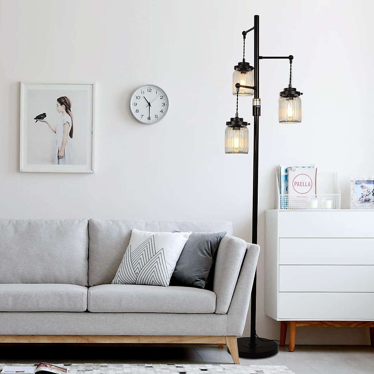 Stepeak Industrial Floor Lamp, Farmhouse Rustic Floor Lamp with 3 Glass Shades, Tall Standing Lamps with Dimmable Switch, Sturdy Base, Black Floor Lamps for Living Room Bedroom Office Home