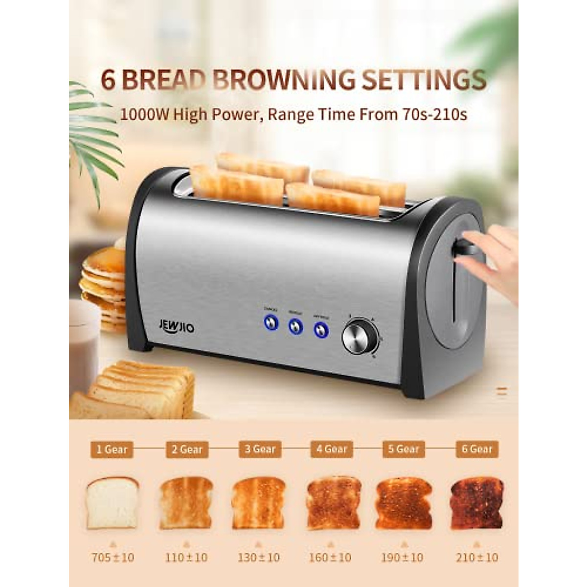 Long Slot Toaster 4 Slice, Stainless Steel Retro Toasters Best Rated Prime with 1.25" Extra Wide Slot and Defrost/Reheat/Cancel Function/6 Browning Settings/Removable Crumb Tray/Evenly Toasting, 1300W