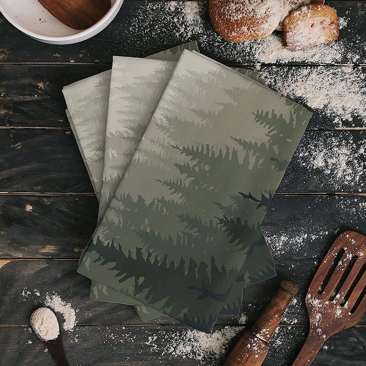 Misty Trees Green Forest Mountains Kitchen Towels Dish Cloth Towel Absorbent Hand Towel Cleaning Cloth,Spring Foggy Forest Abstract Gradient Art Dishcloth Quick Drying for Dishes Counter 4 Pack