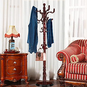 Zacammy Heavy Coat Rack Freestanding, Natural Wood Hall Tree, Adjustable Height 73in and Versatile 14 Hooks for Entryway, Porch, Living Room, Bedroom, Home Office (Rosewood)