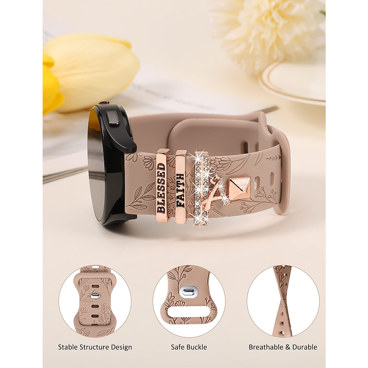 W-RARA Glamorous Decorative Ring Loops Watch Band, Compatible with Samsung Galaxy Watch 5 & 4, Stainless Steel, 20mm Lug Width, 42mm-46mm Case Size