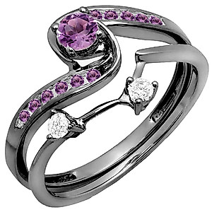 Dazzlingrock Collection Round Amethyst & White Diamond Swirl Bypass Wedding Ring Set for Women Black Plated in 10K White Gold, Size 8
