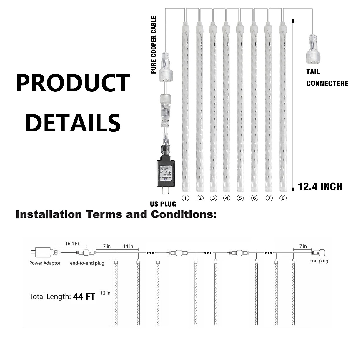 TW SHINE Christmas Meteor Shower Lights Outdoor, 864 LED 12" 24 Tubes Waterproof Christmas Lights Outdoor Plug in, Snow Falling Rain Icicle Xmas Lights Decorations, Blue