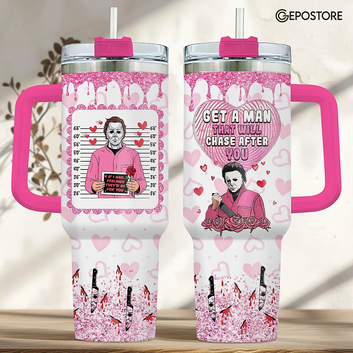GEPOSTORE Valentines Gifts for Him Her, Horror Character 40 Oz Tumbler with Handle, Scary Cup, Halloween Movie Characters Mug, Gifts for Horror Fans