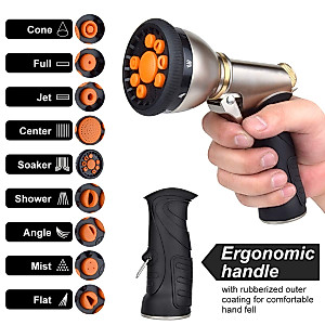 Garden Hose Nozzles 9 Adjustable Patterns Hose Spray Nozzle Heavy Duty Metal Hose Nozzle Spray Gun Slip Resistant Water Sprayer for Cleaning/Watering Lawn Garden/Pets Shower/Car Washing