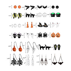 24 Pairs Halloween Stud Earrings Bat Cat Witch Earrings Set Spider Web Pumpkin Skull Drop earrings Jewelry for Women Halloween Outfit Costumes Accessories