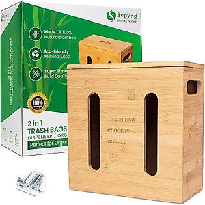 Trash Bag Dispenser Roll Holder 13 Gallon, Trash Bag Holder for Kitchen, Garbage Bag Storage Dispenser, Trash Bag Organizer Under Sink, Wall Mount Bamboo Garbage Bag Organizer (2 in 1)