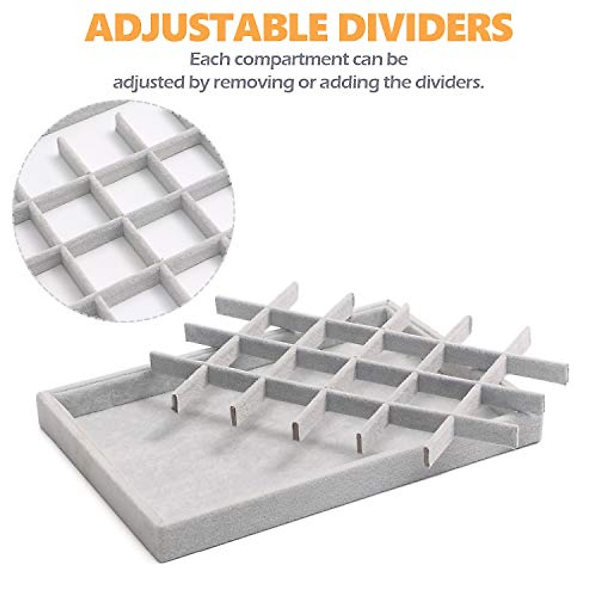 DIOMMELL Set of 4 Stackable Velvet Jewelry Trays Organizer, Jewelry Display Storage Box Showcase Holder Dresser Drawer Organizer for Earring Necklace Bracelet Ring Accessary, Grey