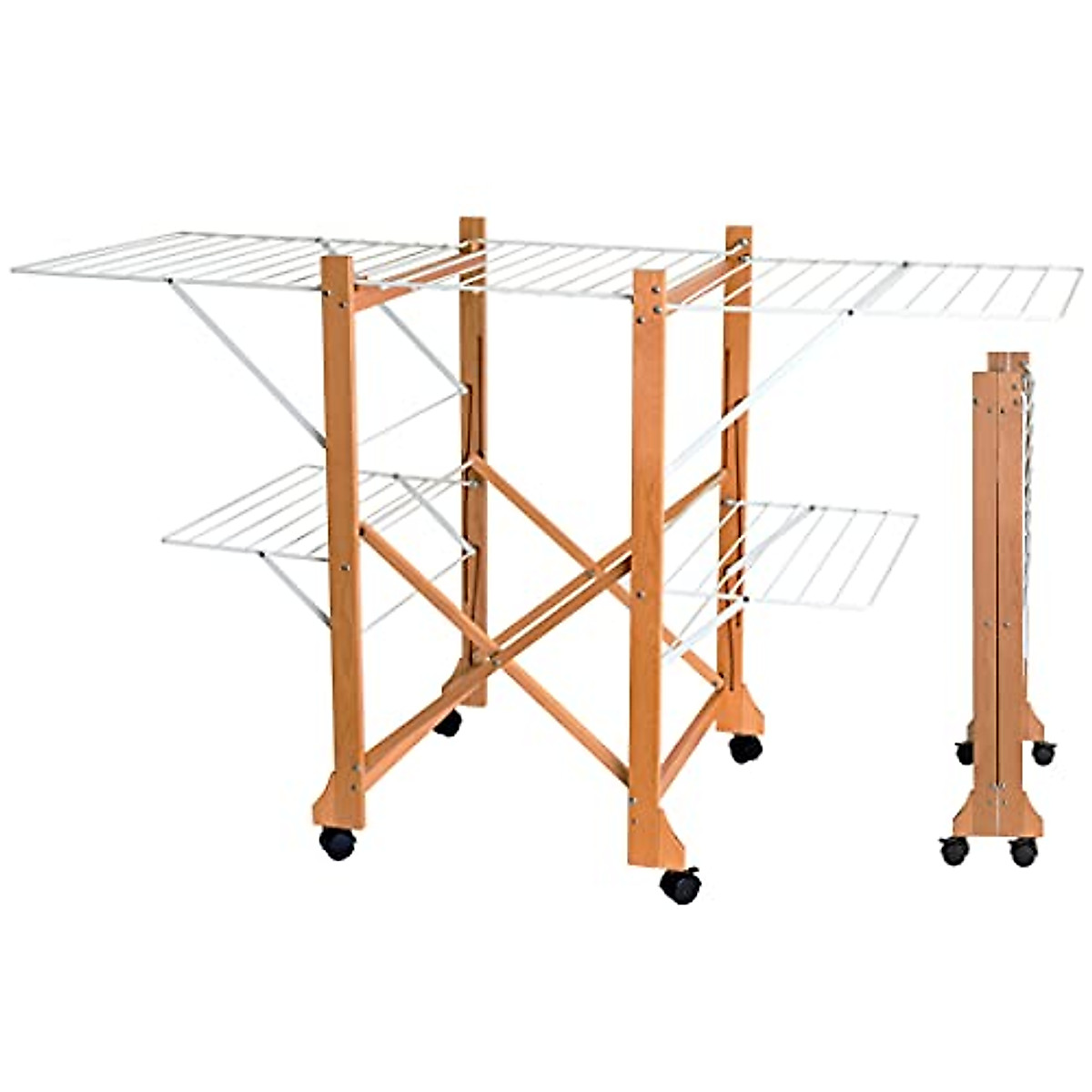 Scandinaf Foldable Clothes Drying Rack | Collapsible Drying Racks for Laundry | Extra Large and Heavy Duty Clothing Drying Rack with Iron Wires and Wooden Legs and 2 Levels with 91 Ft Drying Area