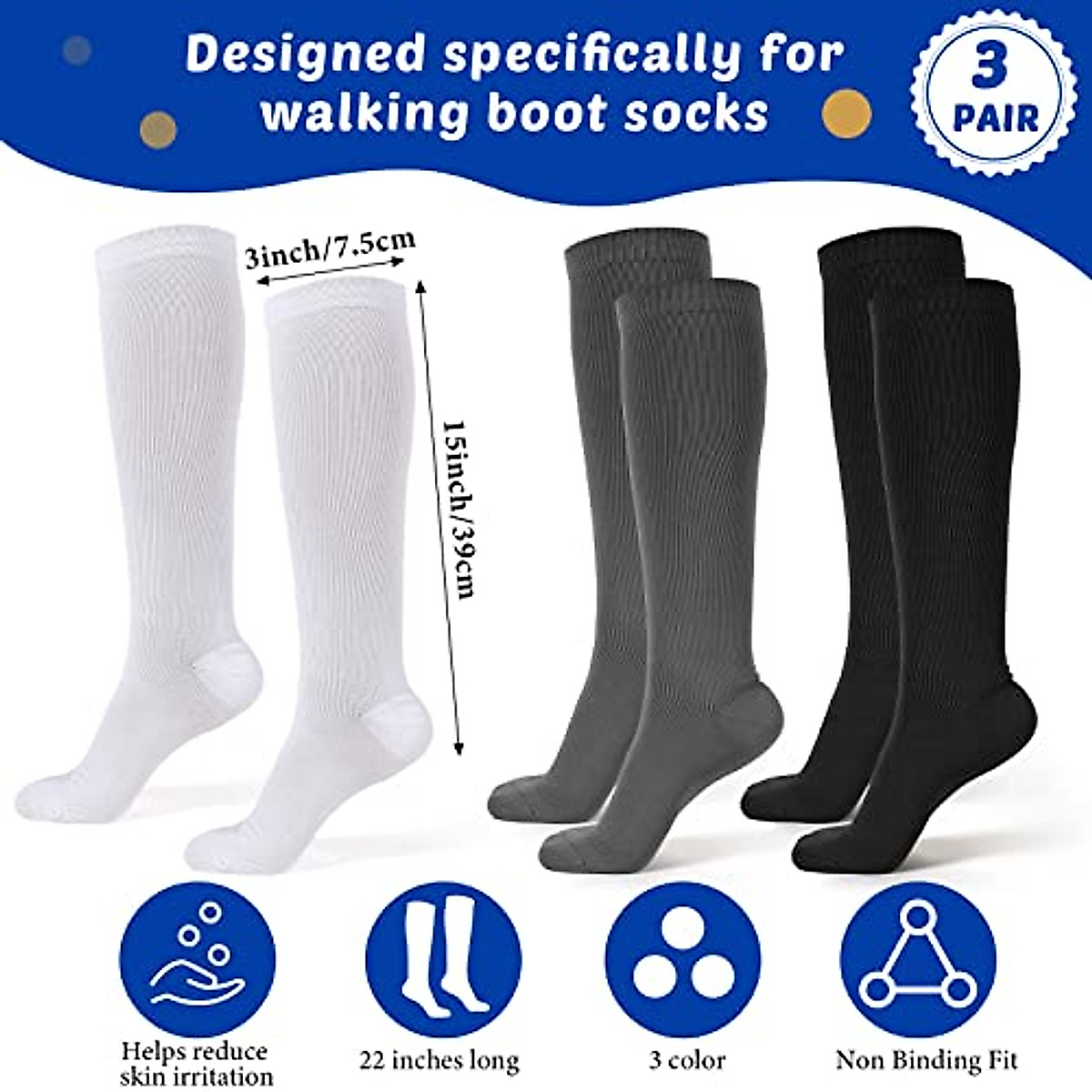 3 Pair Replacement Sock Liner Walking Boot Sock Breathable Socks for Compression Walking Boot Walker Brace Cast Boot Women and Men, One Size Fits Most, Black, Gray, White