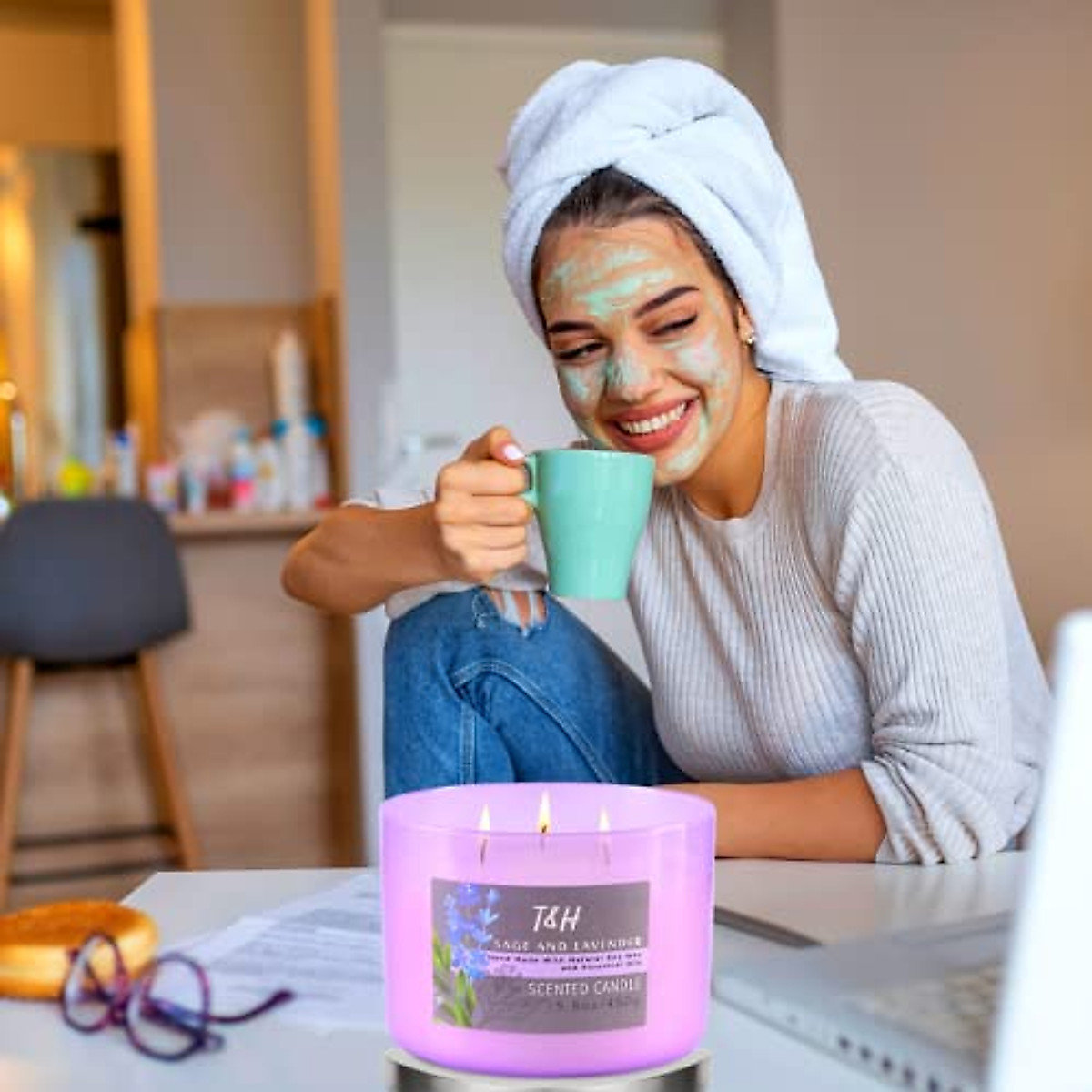 Sage Lavender Scented Candle 3 Wick | Aromatherapy Relaxing & Energy Cleansing Candle with Cedarwood, Clove & Eucalyptus 15.8 oz | Sage Candles for Cleansing House | Large Natural Soy Candles for Home