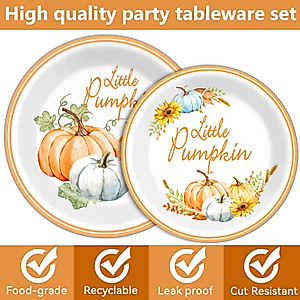 ZOIIWA 96 Pcs Little Pumpkin Baby Shower Tableware Set Thanksgiving Party Supplies Gender Reveal Dinnerware Pumpkin Baby Shower Party Disposable Fall Plates Napkins Party Decorations Serves 24 Guests