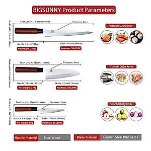 MSY BIGSUNNY Set of 3pcs Sashimi Knives Stainless steel Sushi Knives Set Slicing fish Knife Set (3 in 1 set)