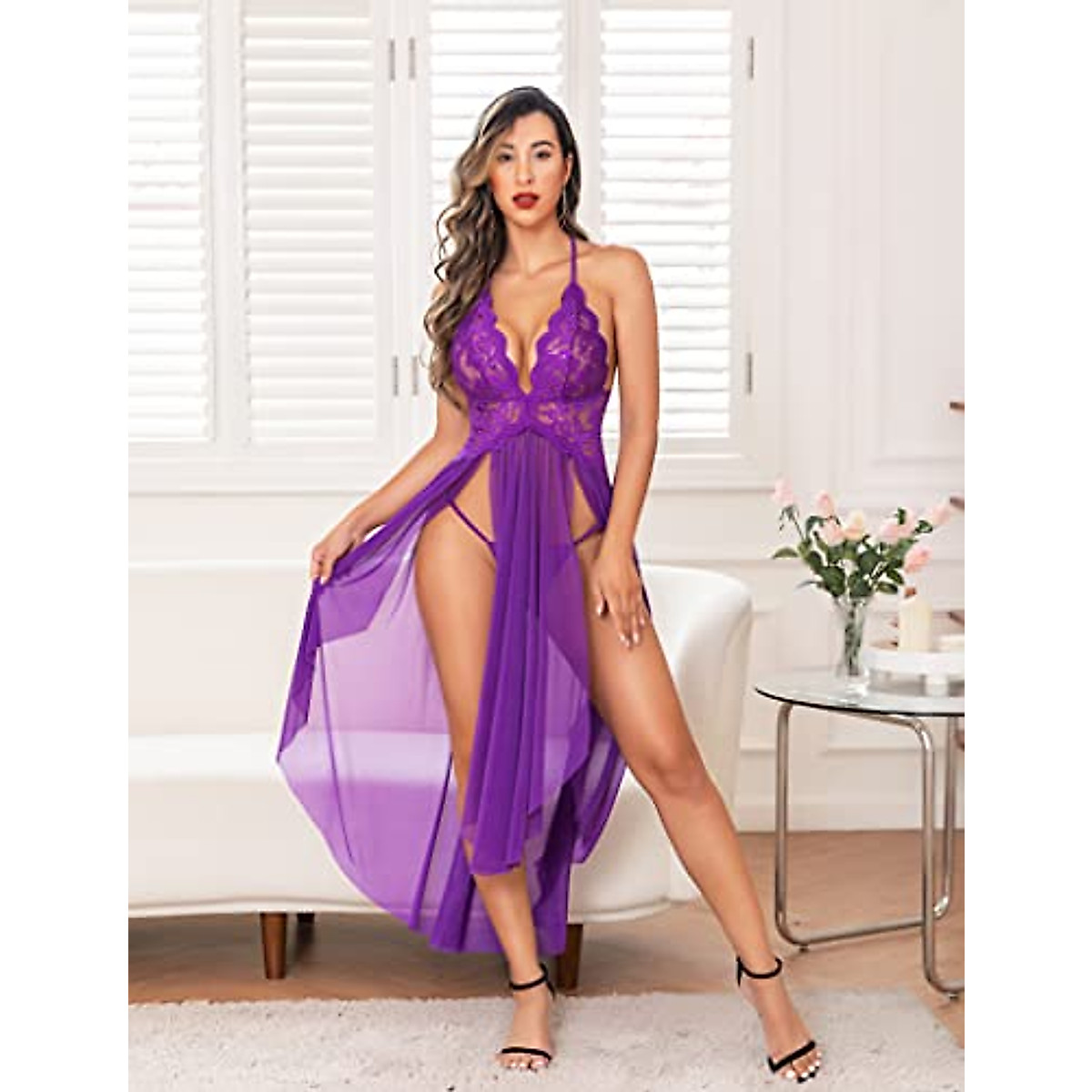 Giorzio Women Lingerie Lace Babydoll V Neck Chemise Halter Mesh Nightwear Sexy Long Gown Lingerie Sheer Dress Purple,S