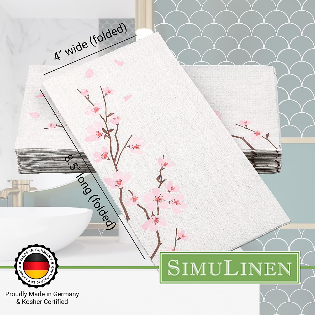 Simulinen Cherry Blossom Disposable Guest Towels - Cloth-Like, Single-Use, Linen Feel Paper Towels, 12x17, 100ct (Made in Germany)