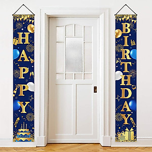 Avezano Navy Blue and Gold Birthday Decorations Door Banner for Men Blue Happy Birthday Porch Signs Blue and Gold Birthday Party Props Decor for Outdoor Indoor Supplies
