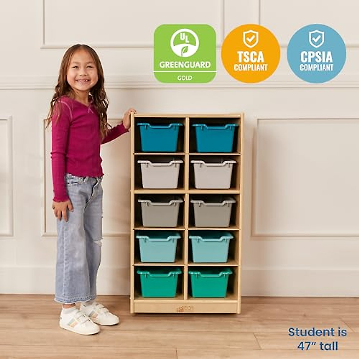 ECR4Kids 10 Cubby Tray Cabinet with Scoop Front Storage Bins, 5x2, Natural, Classroom Furniture, Clear
