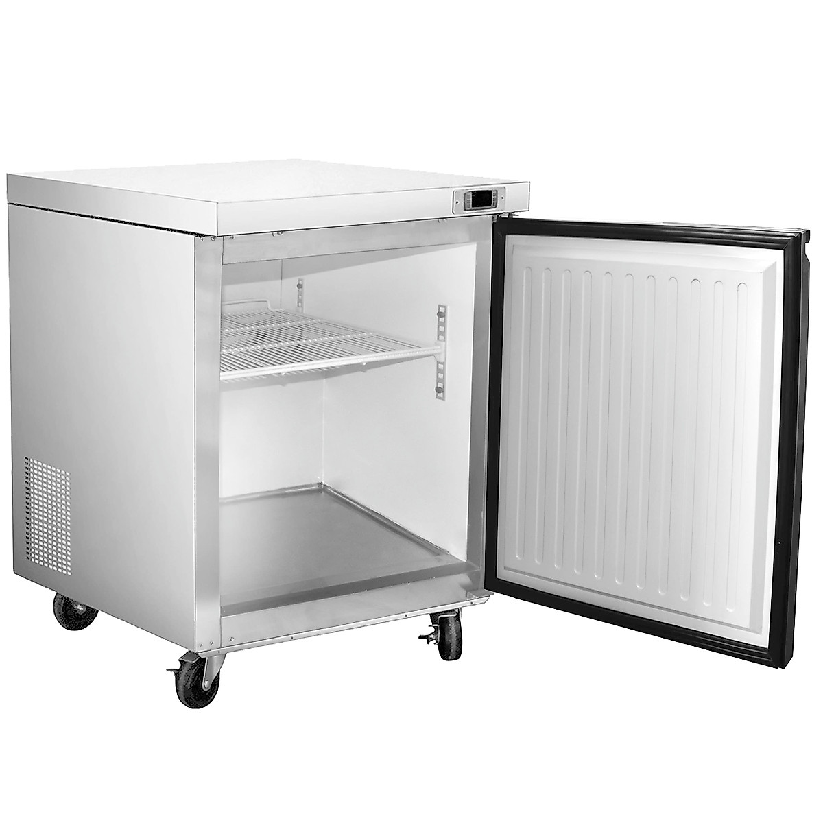 DUURA DUF29 Commercial Undercounter Freezer with Single Stainless Steel Door Swivel Casters and Epoxy Coated Wire Shelf, 6.7-Cu.Ft, Metallic