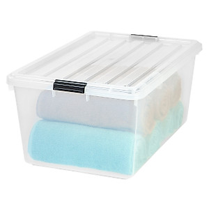 IRIS USA 68 Qt. Large Storage Bin with Buckle Down Lid, 1-Pack, Sturdy and Versatile Organizer Utility Tote Container Box for Seasonal Clothes Blankets Decoration Long Term Storage, Clear