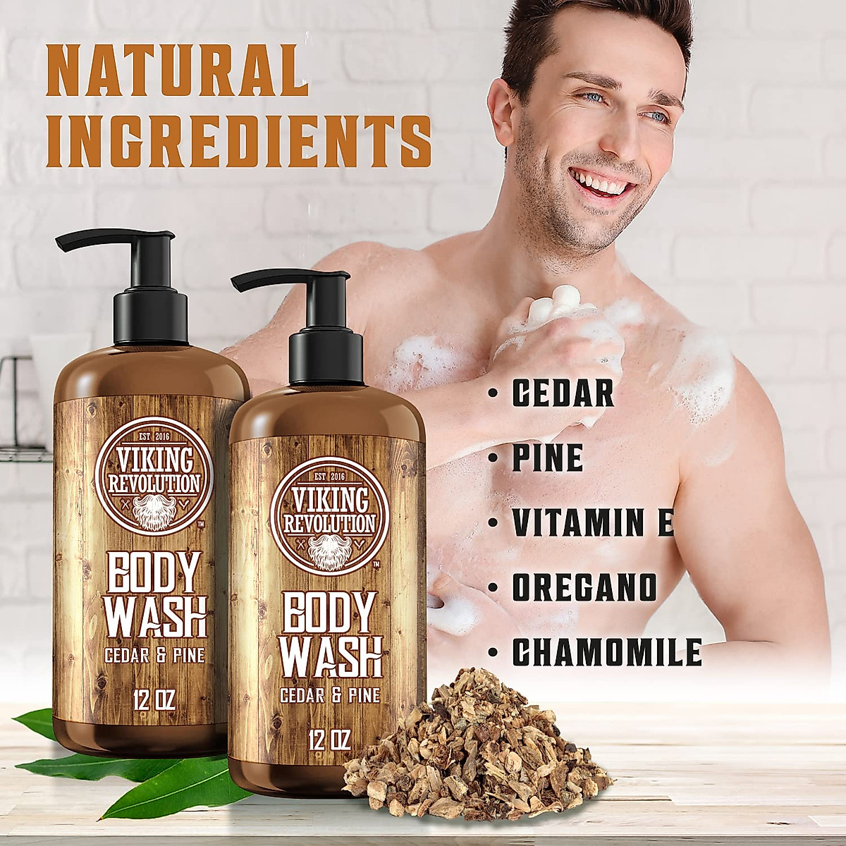Viking Revolution Men's Body Wash - Cedar and Pine Oil Body Wash for Men - Mens Natural Body Wash with Vitamin E and Oregano Oil - Mens Shower Gel Liquid Soap - Cedar Oil Mens Bodywash (2 Pack, 12oz)