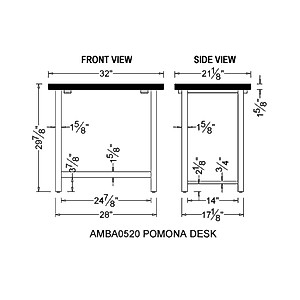 Alaterre Furniture Pomona 32" Small Metal and Solid Wood Desk, 32in. Wide, Brown