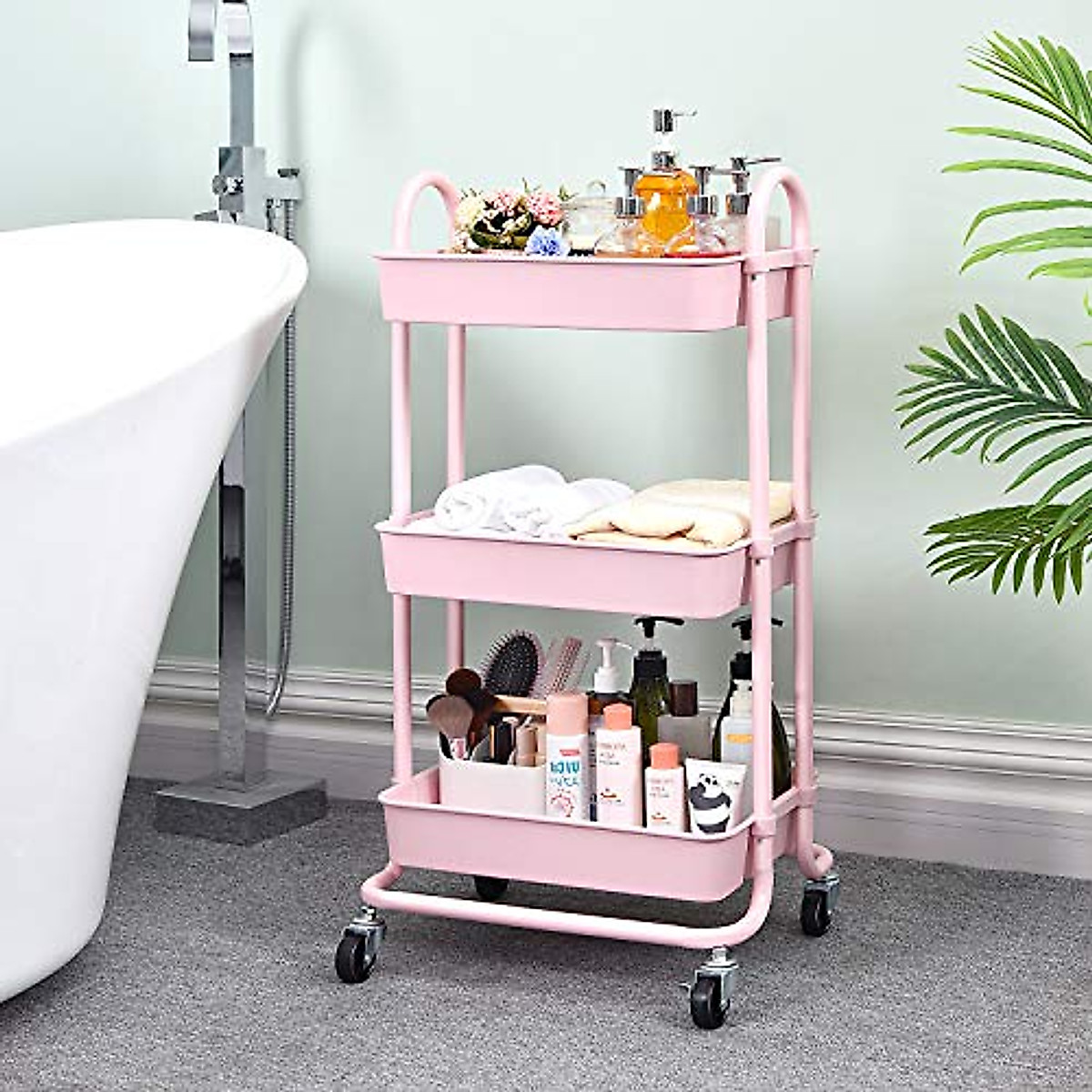 TOOLF Utility Rolling Cart with Lockable Wheels,Multi-Purpose Storage Organizer,Organizer Trolley with Handles,Serving Trolley with Mesh Basket for Home,Office,Kitchen,Bathroom (Pink)