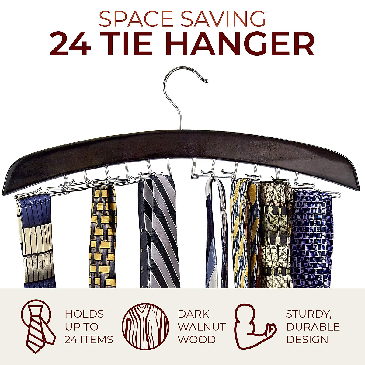 Richards Homewares Wooden Tie Rack Hanging Organizer for Mens Closet Accessories, Space Saving Necktie Holder for Storage and Display, Holds 24 Ties, Walnut Wood with Chrome Accents, Model:75531