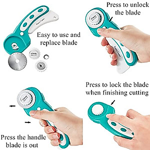 45mm Rotary Cutter with 5pcs Extra Blades, Ergonomic Handle Rolling Cutter with Safety Lock for Fabric, Leather, Crafting, Sewing, Quilting, Fabric Rotary Cutter Perfect for Left & Right Hand (Green)