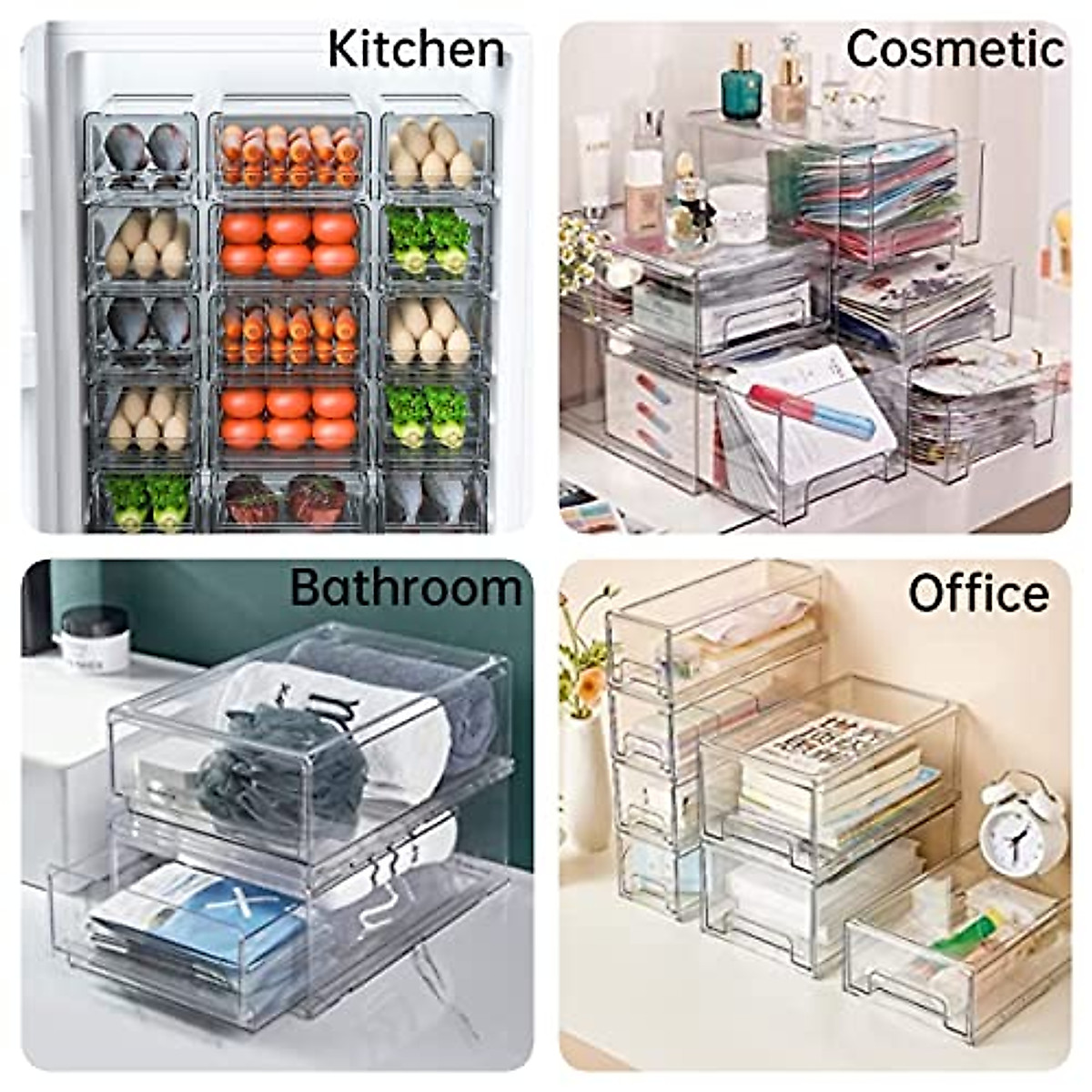 IJOLLEY Fridge Organizer, Pantry Organization and Storage, Refrigerator Organizer Bins, Stackable Pull-Out Drawer Containers for Kitchen Cabinet Closet Bathroom Office Cosmetic (2 Pack Large)