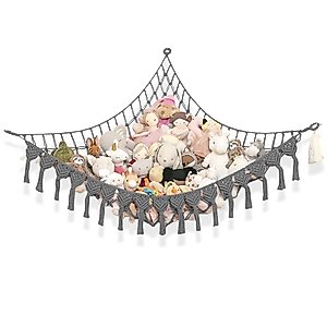 ABBY BABY Extra Large Stuffed Animal Storage Hammock Corner with LED Lights – 25LB Capacity Hanging Toy Net for Small or Large Plushies, Boho Macrame Squishmallow, Plush Net, Gray