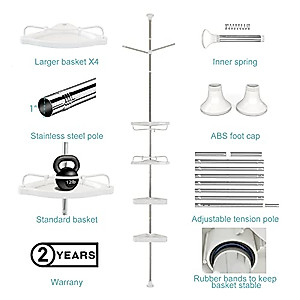 DAKEPOLE Rustproof Tension Shower Caddy, Stainless Steel Corner Stand Storage Organizer with Tension Pole for Bathroom Bathtub Shampoo Soap Plants, 4-Tier Adjustable Shelves,54 to 125 Inch
