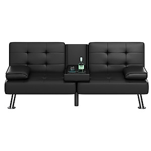 Acurax Futon Sofa Bed, Modern Faux Leather Convertible Folding Lounge Couch for Living Room with 2 Cup Holders Removable Soft Armrest and Sturdy Metal Legs, Black