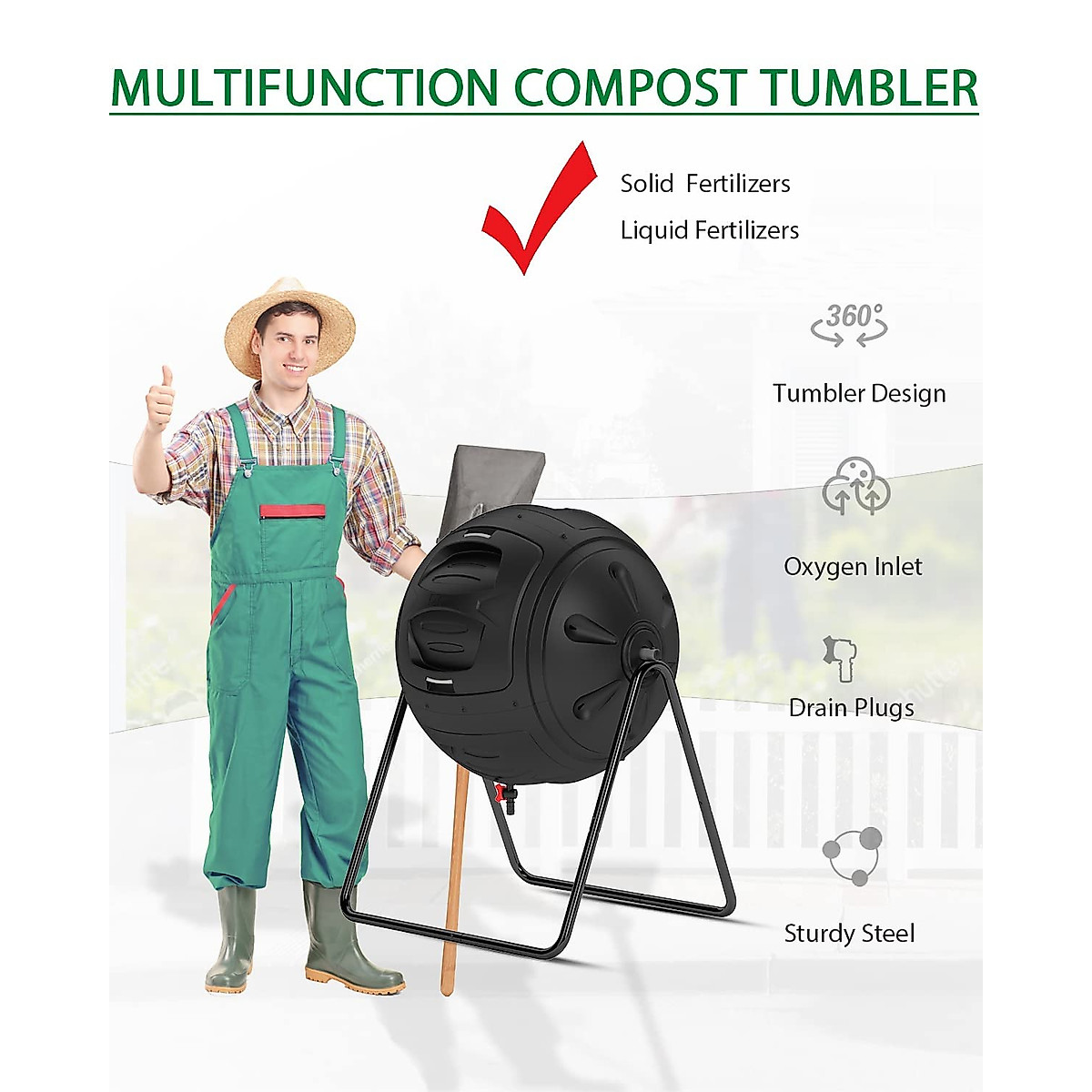 Multifunction Garden Tumbling Composter, Heavy-Duty Fast-Working Compost Bin with Easy-to-use Drain Plugs to Collect Liquid,Black