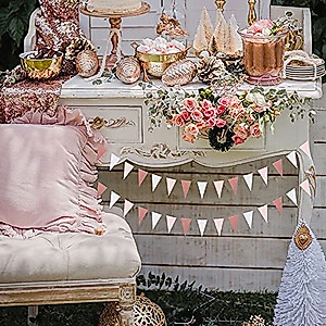 Pink-White Rose-Gold Party Decorations Banner - 2 Pack Engagement Baby Bridal Shower Paper Pennant Triangle Flags, Girl Birthday Bachelorette Mothers Day Wedding Bunting Lasting Surprise