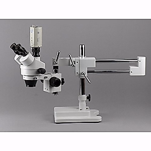 AmScope SM-3T Professional Trinocular Stereo Zoom Microscope, WH10x Eyepieces, 7X-45X Magnification, 0.7X-4.5X Zoom Objective, Ambient Lighting, Single-Arm Boom Stand