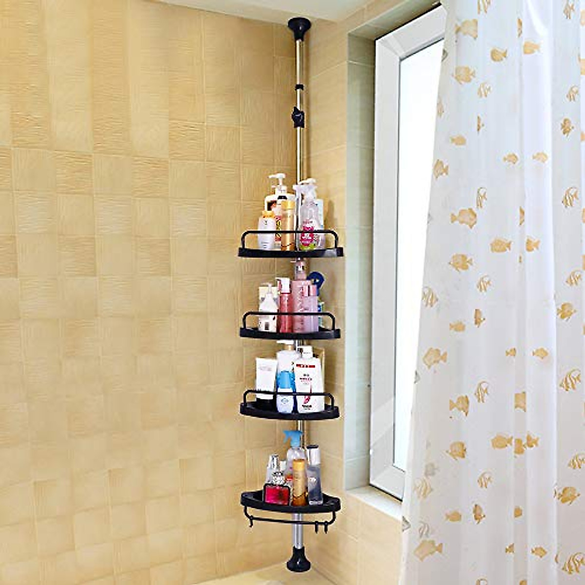 BAOYOUNI 4-Tier Shower Corner Caddy Tension Pole Adjustable Bathroom Shelf Floor to Ceiling Storage Rack Organizer Holder - No Drilling - Black