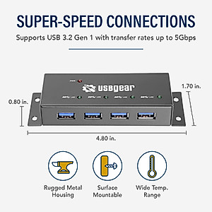 Compact 4-Port USB 3.2 Gen 1 Mini High-Power Hub w/Power Adapter, Port Status LEDs, 5 Gbps Data, Surface Mountable