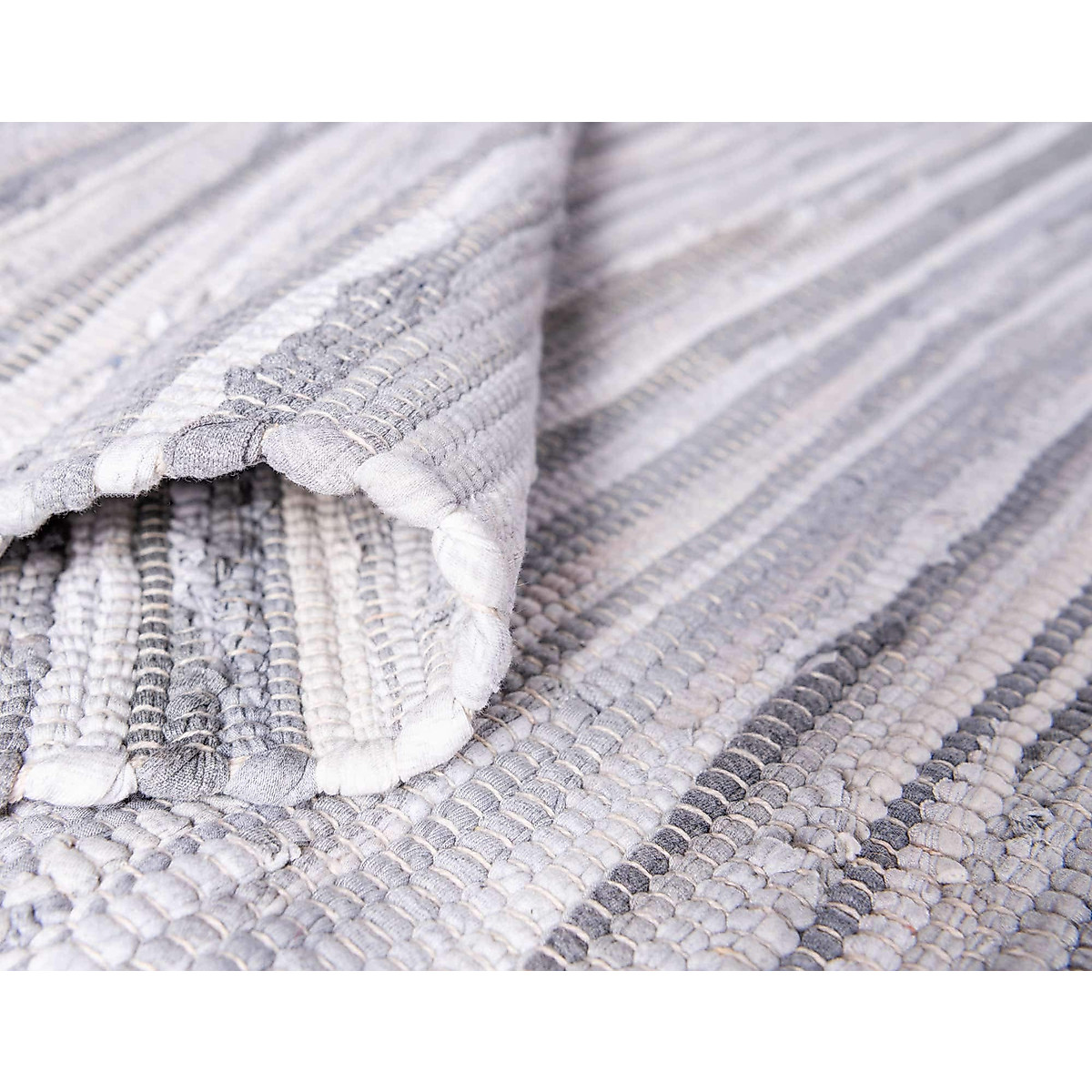 Unique Loom Chindi Cotton Collection Soft Hand Woven Natural Fiber Striped Area Rug, 9 ft x 12 ft, Gray/Ivory