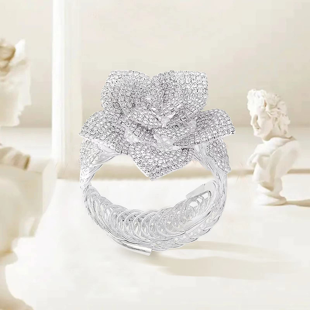 Jojomina Flower Arm Cuff Rhinestone Bracelet for Women Silver Crystal Stretch Prom Bridal Bracelet Jewelry for Bride Wedding Party Dating